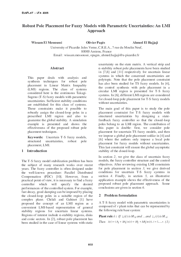 Pdf Robust Pole Placement For Fuzzy Models With Parametric