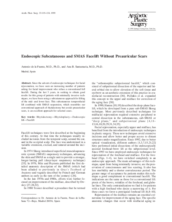 (PDF) Endoscopic Subcutaneous and SMAS Facelift Without Preauricular Scars