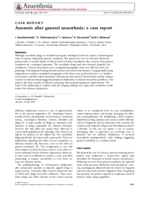 (PDF) Anosmia after general anaesthesia: a case report
