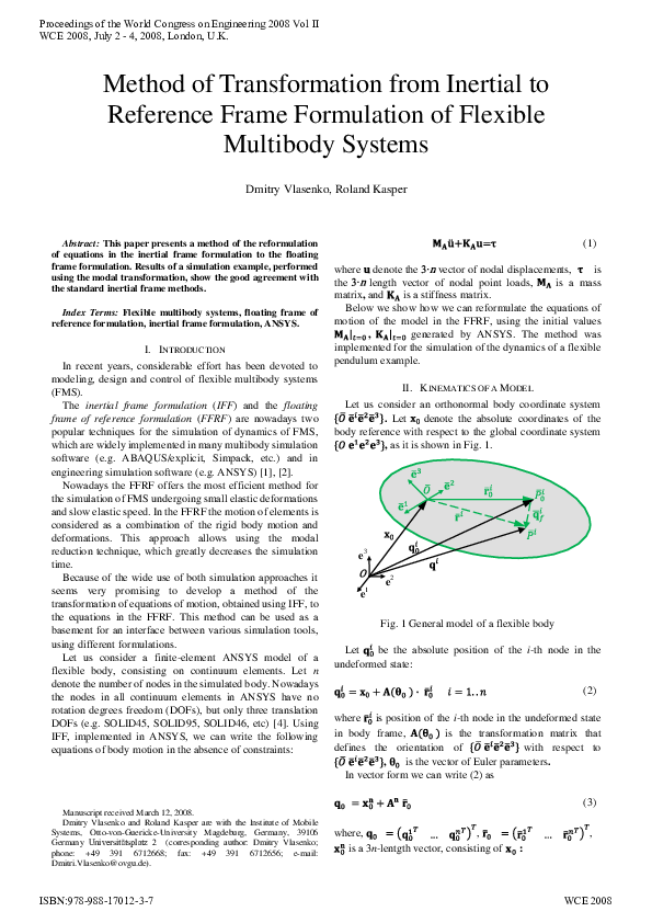(PDF) Method of Transformation from Inertial to Reference Frame Formulation of Flexible ...
