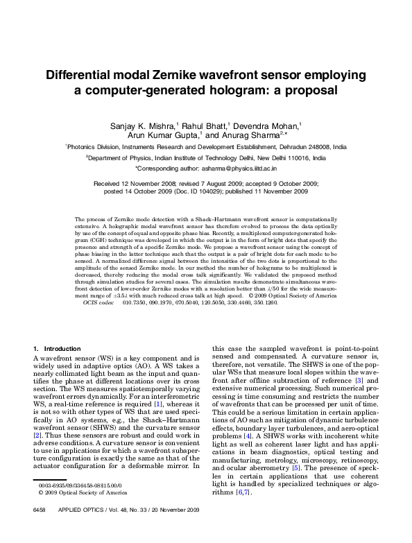 (PDF) Differential modal Zernike wavefront sensor employing a computer-generated hologram: a ...