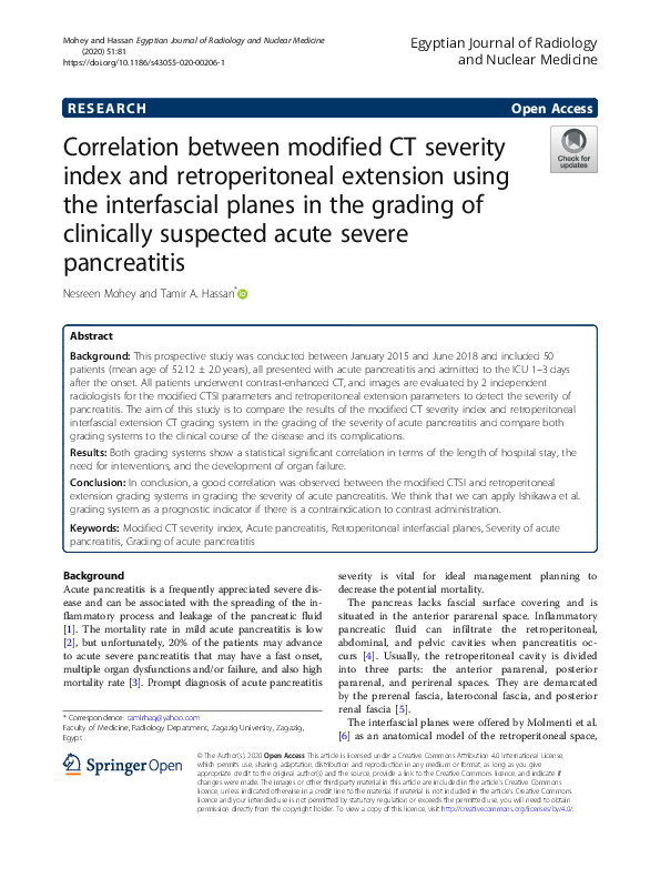 Pdf Correlation Between Modified Ct Severity Index And Retroperitoneal Extension Using The