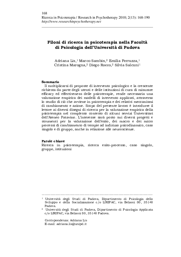 (PDF) Filoni di ricerca in psicoterapia nella Facoltà di Psicologia ...