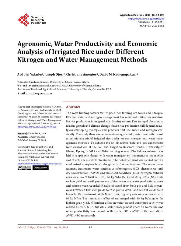 (PDF) Agronomic, Water Productivity and Economic Analysis of Irrigated ...