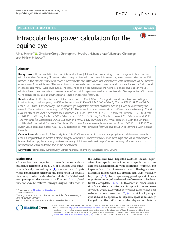 (PDF) Intraocular lens power calculation for the equine eye
