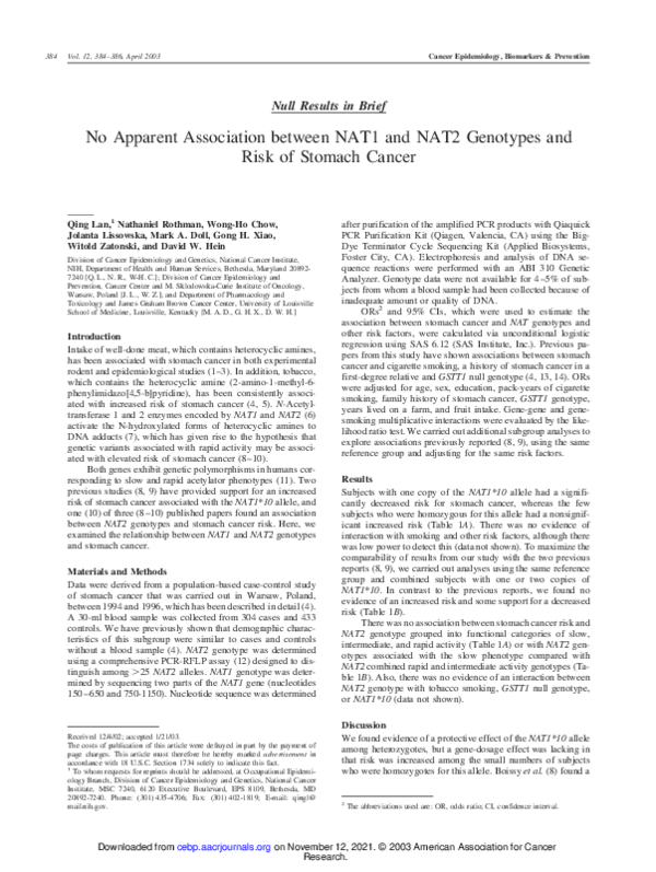 (PDF) No apparent association between NAT1 and NAT2 genotypes and risk ...