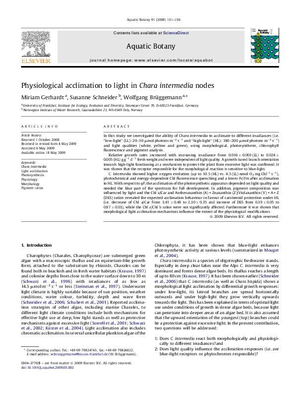 (PDF) Physiological acclimation to light in Chara intermedia nodes