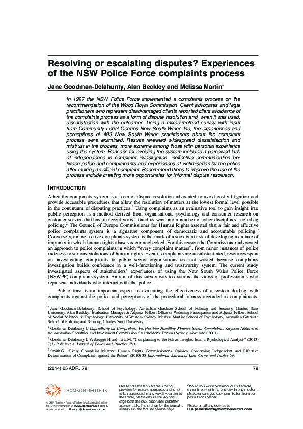 (PDF) Resolving or escalating disputes? Experiences of the NSW Police ...
