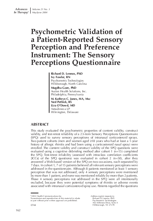 (PDF) Psychometric validation of a patient-reported sensory perception ...