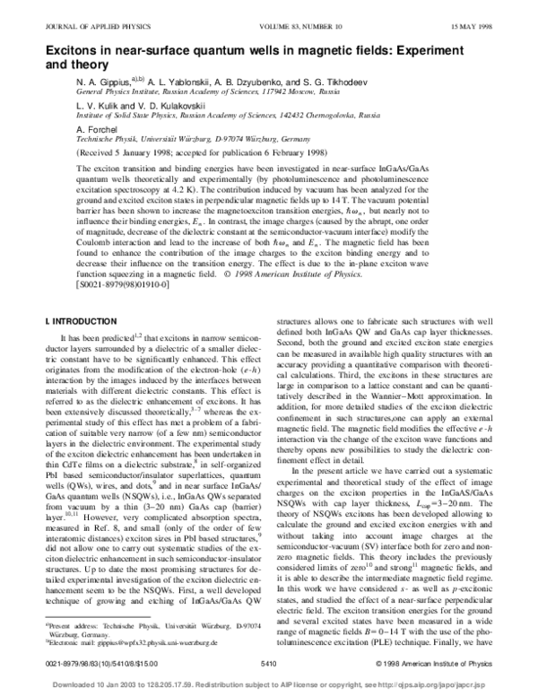 (PDF) Excitons in near-surface quantum wells in magnetic fields: Experiment and theory | Sergei ...