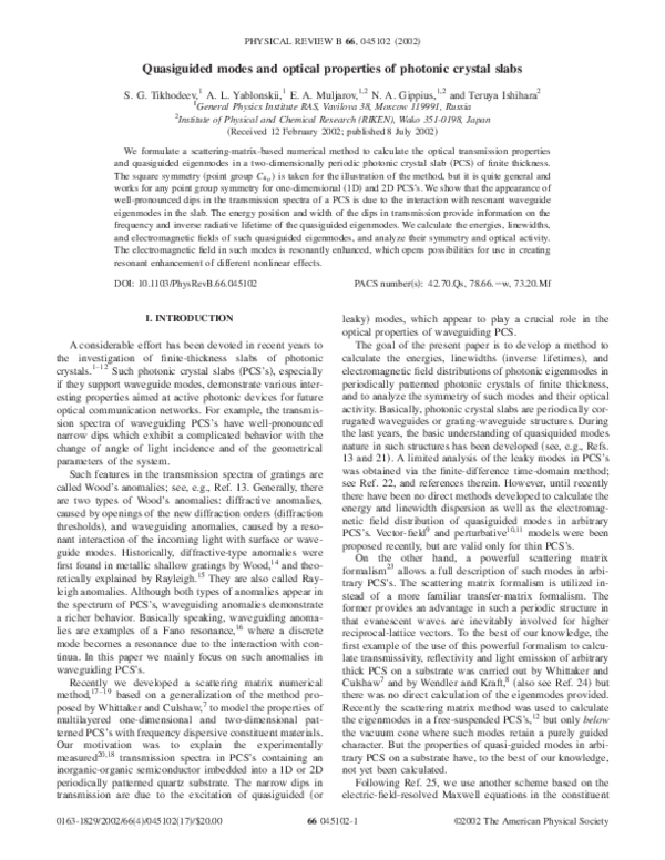 (PDF) Quasiguided modes and optical properties of photonic crystal slabs