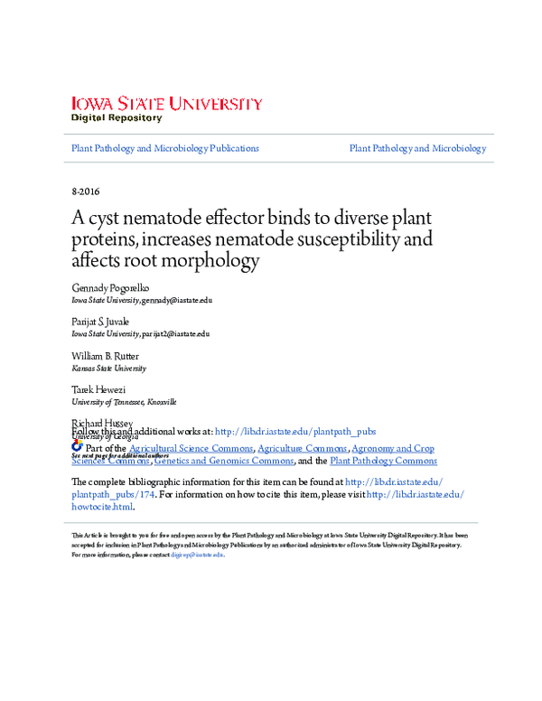 Pdf A Cyst Nematode Effector Binds To Diverse Plant Proteins Increases Nematode