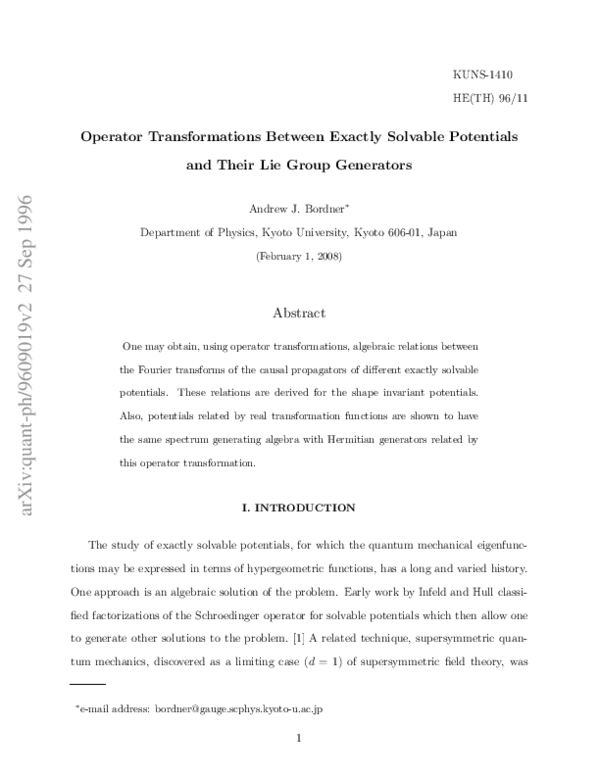 Pdf Operator Transformations Between Exactly Solvable Potentials And Their Lie Group