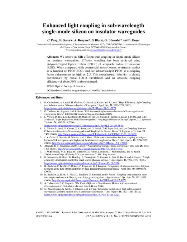 Pdf Enhanced Light Coupling In Sub Wavelength Single Mode Silicon On Insulator Waveguides