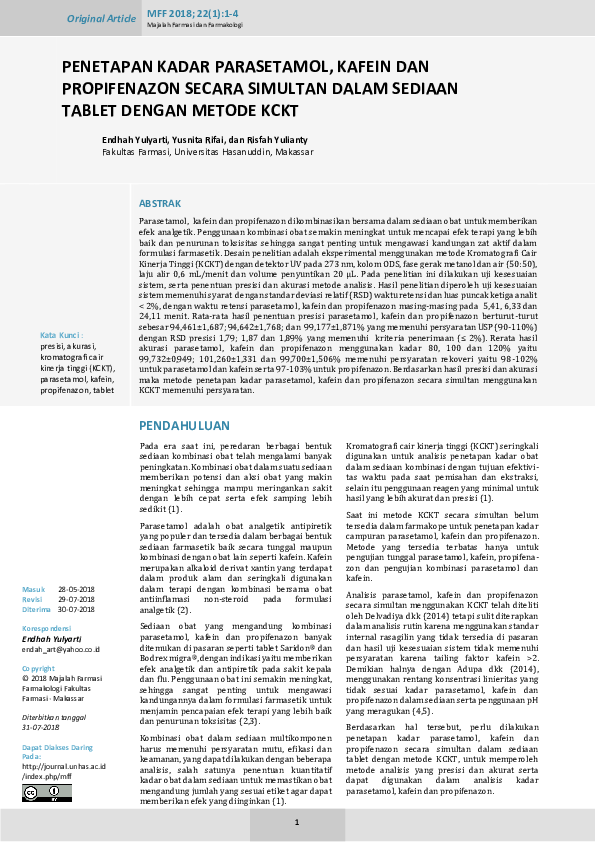 (PDF) Penetapan Kadar Parasetamol, Kafein Dan Propifenazon Secara ...