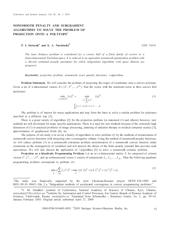 (PDF) Nonsmooth penalty and subgradient algorithms to solve the problem of projection onto a ...