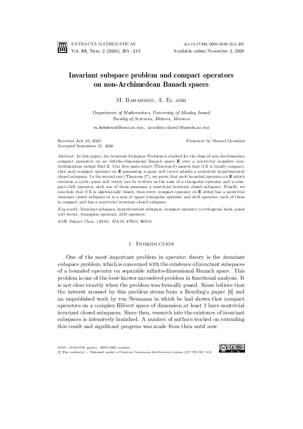 (PDF) Invariant subspace problem and compact operators on non-Archimedean Banach spaces