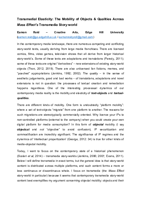 (DOC) Transmedial Elasticity: The Mobility of Objects & Qualities ...