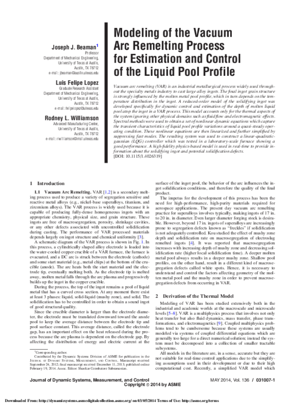 Pdf Modeling Of The Vacuum Arc Remelting Process For Estimation And