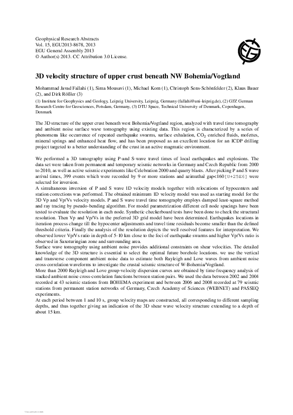 (PDF) 3D velocity structure of upper crust beneath NW Bohemia/Vogtland