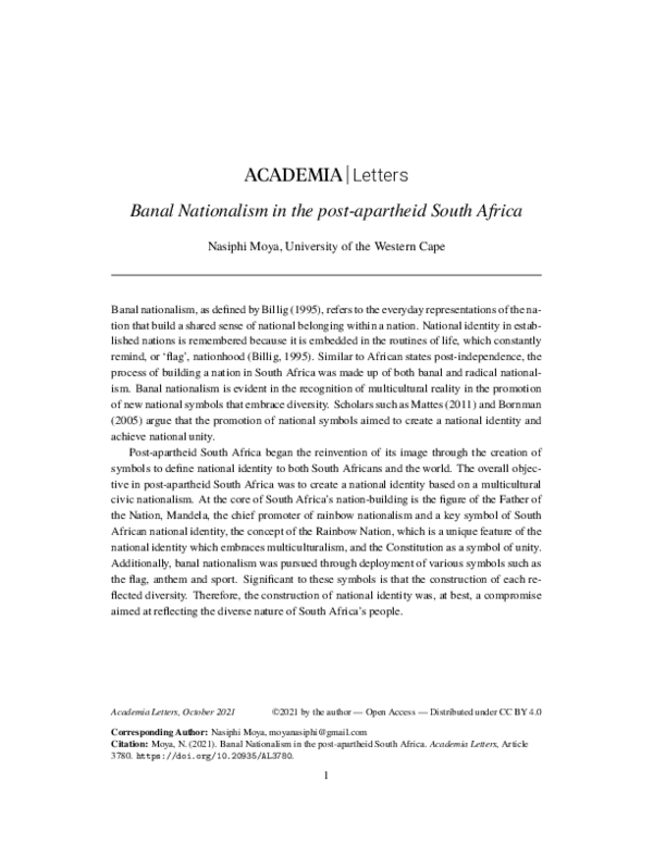 (PDF) Banal Nationalism in the post-apartheid South Africa