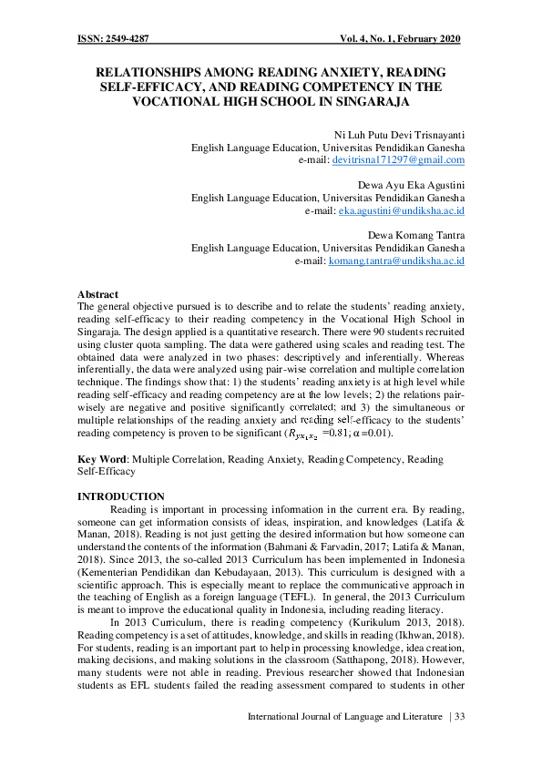 (PDF) Relationships Among Reading Anxiety, Reading Self-Efficacy, and ...