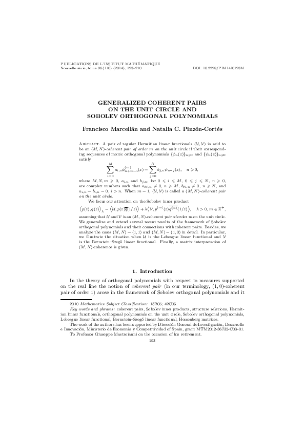 (PDF) Generalized Coherent Pairs on the Unit Circle and Sobolev Orthogonal Polynomials