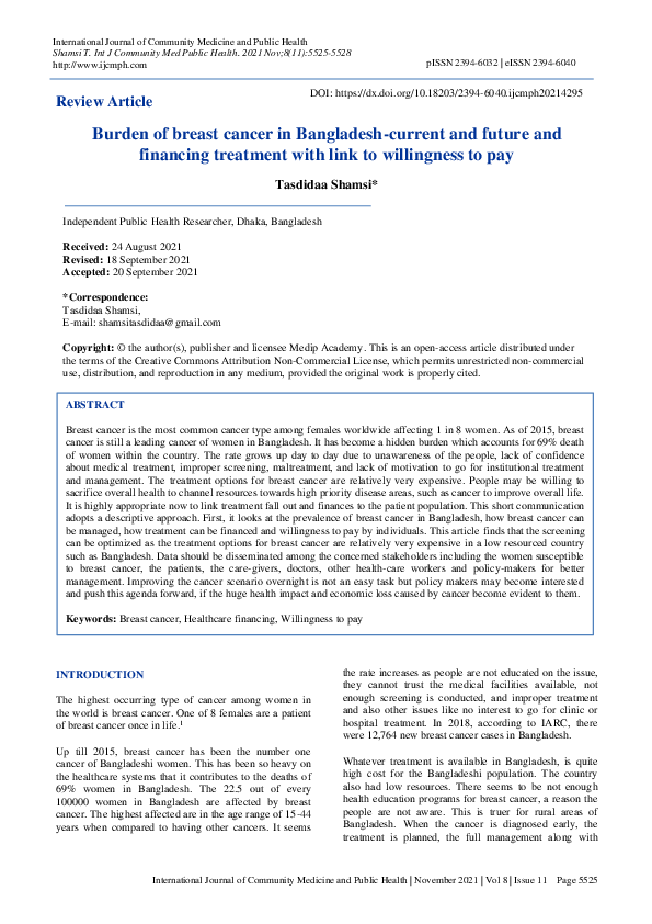 (PDF) Burden of breast cancer in Bangladesh-current and future and ...