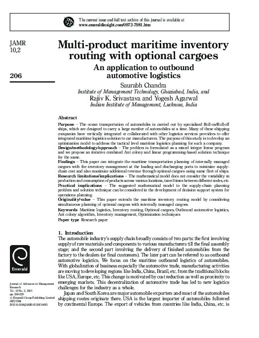 Pdf Multi‐product Maritime Inventory Routing With Optional Cargoes