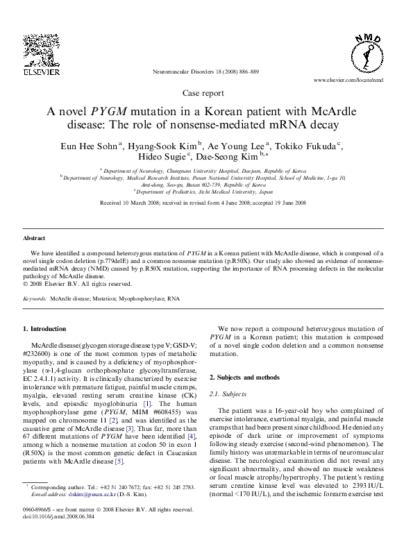 (PDF) A novel PYGM mutation in a Korean patient with McArdle disease ...