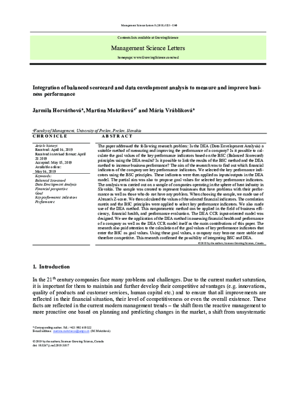 Pdf Integration Of Balanced Scorecard And Data Envelopment Analysis To Measure And Improve