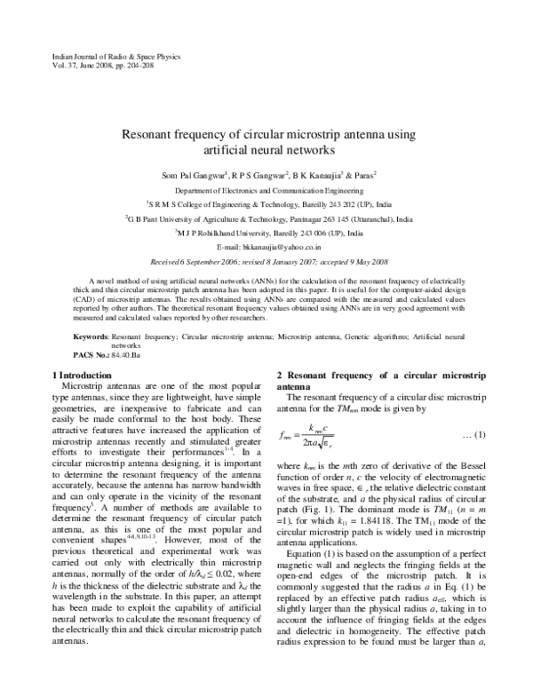 Pdf Resonant Frequency Of Circular Microstrip Antenna Using Artificial Neural Networks
