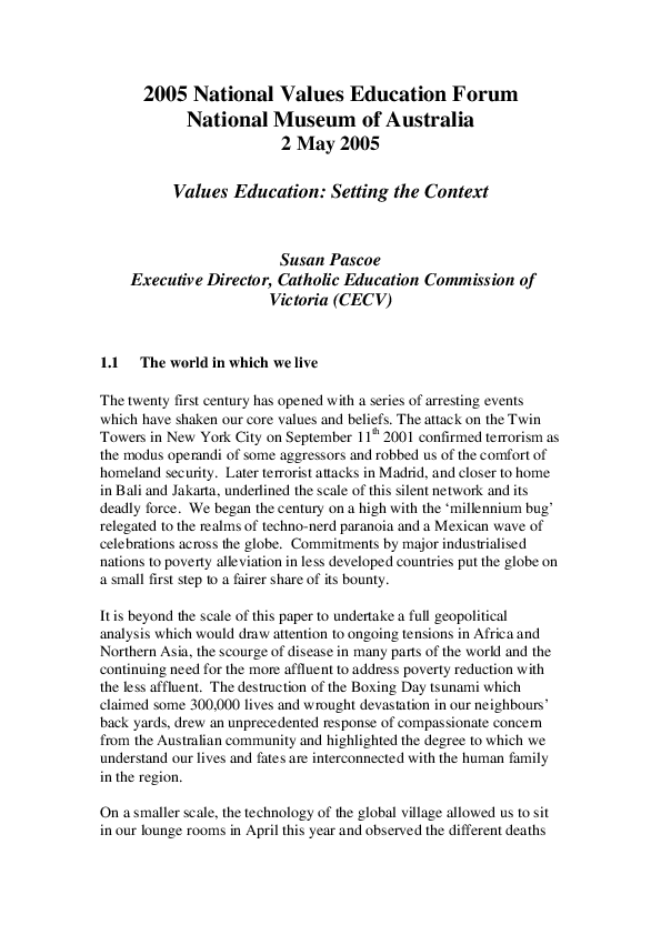 (PDF) 2005 National Values Education Forum National Museum of Australia