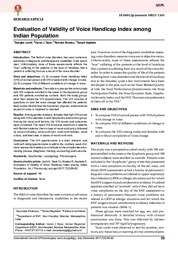 (PDF) Evaluation of Validity of Voice Handicap Index among Indian ...