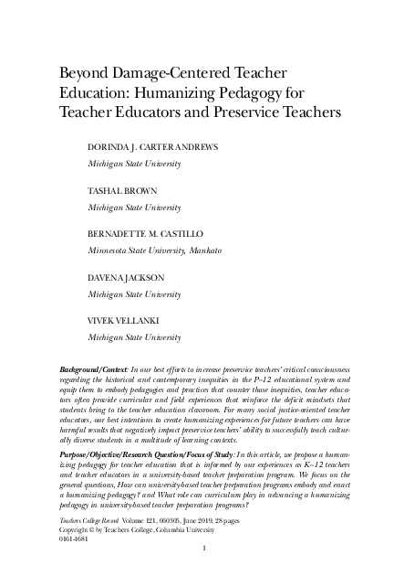 (PDF) Beyond Damage-Centered Teacher Education: Humanizing Pedagogy for ...