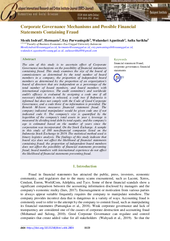 (PDF) Corporate Governance Mechanisms and Possible Financial Statements Containing Fraud