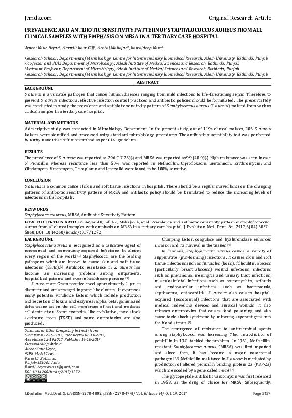 (PDF) Prevalence and Antibiotic Sensitivity Pattern of Methicillin Resistant Staphylococcus ...
