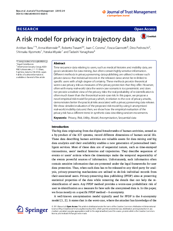 (PDF) A risk model for privacy in trajectory data