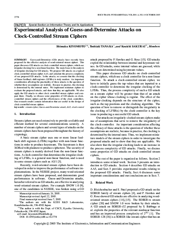 (PDF) Experimental Analysis of Guess-and-Determine Attacks on Clock-Controlled Stream Ciphers ...