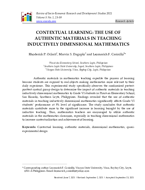 (PDF) CONTEXTUAL LEARNING: THE USE OF AUTHENTIC MATERIALS IN TEACHING INDUCTIVELY DIMENSIONAL ...