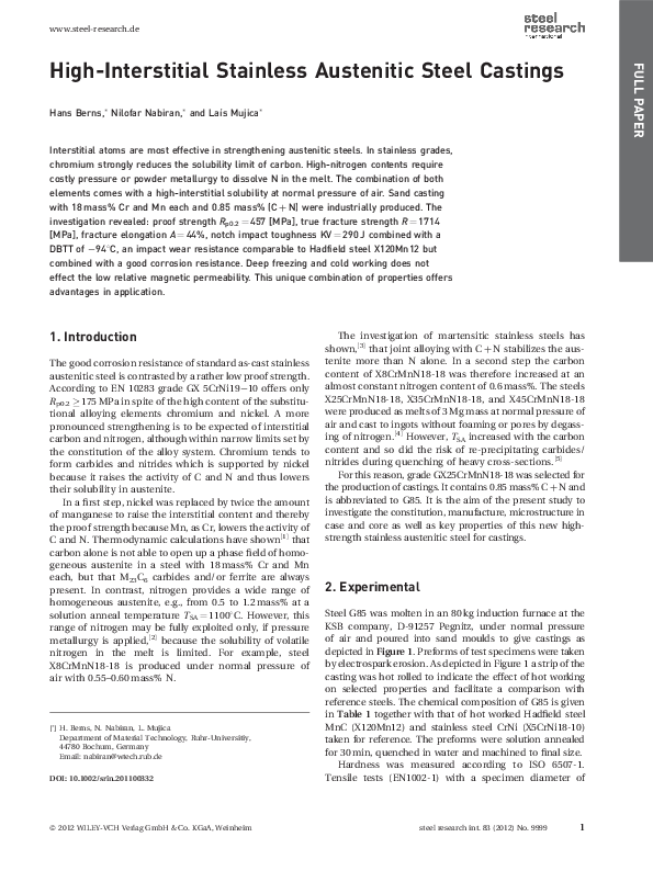 (PDF) High-Interstitial Stainless Austenitic Steel Castings