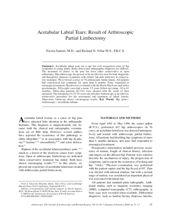 (PDF) Acetabular labral tears: Result of arthroscopic partial limbectomy