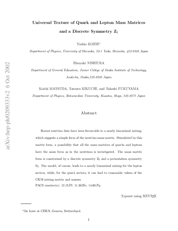 (PDF) Universal texture of quark and lepton mass matrices and a ...