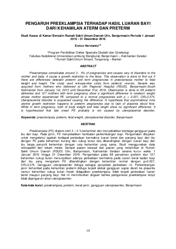 (PDF) Pengaruh Preeklampsia Terhadap Hasil Luaran Bayi Dari Kehamilan ...