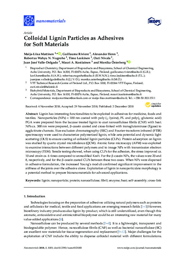 (PDF) Colloidal Lignin Particles as Adhesives for Soft Materials