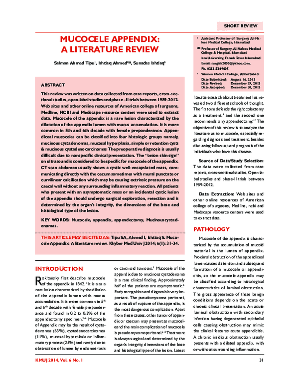 (PDF) Mucocele Appendix- literature review