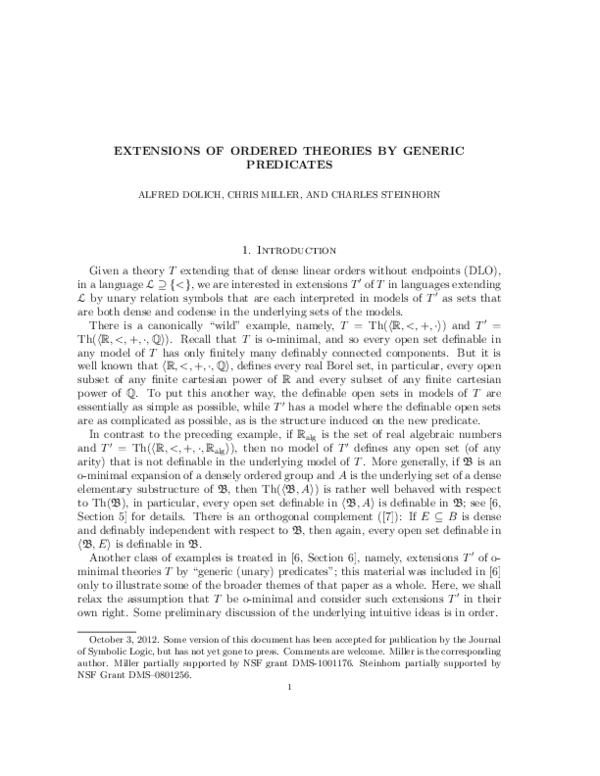 Pdf Extensions Of Ordered Theories By Generic Predicates
