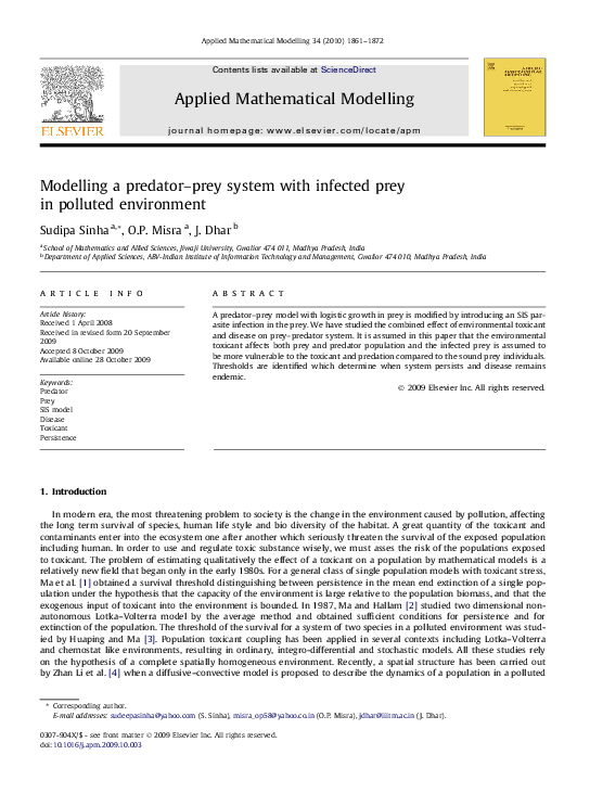 (PDF) Modelling a predator–prey system with infected prey in polluted ...