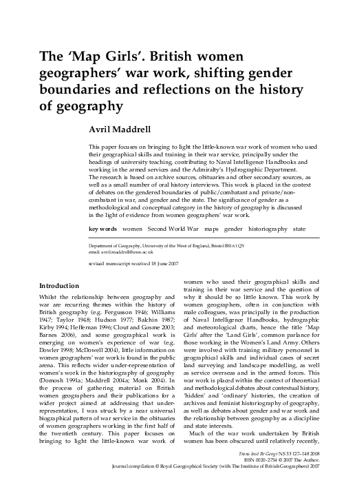 (PDF) The 'Map Girls'. British women geographers' war work, shifting ...
