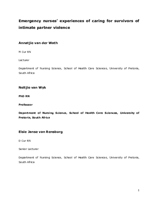 (PDF) Emergency nurses' experiences of caring for survivors of intimate partner violence | Elsie ...